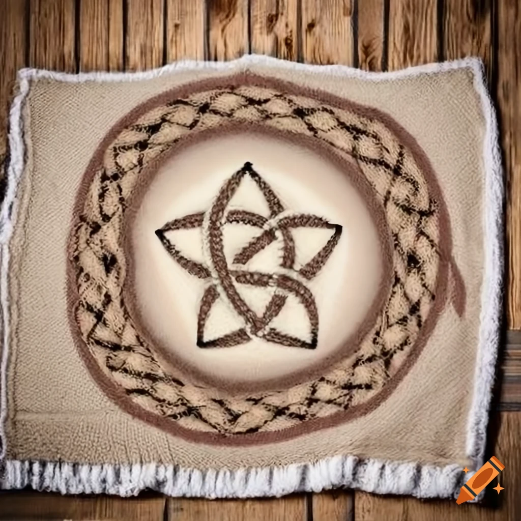 Cream-colored square blanket with a triquetra on a wooden table on Craiyon