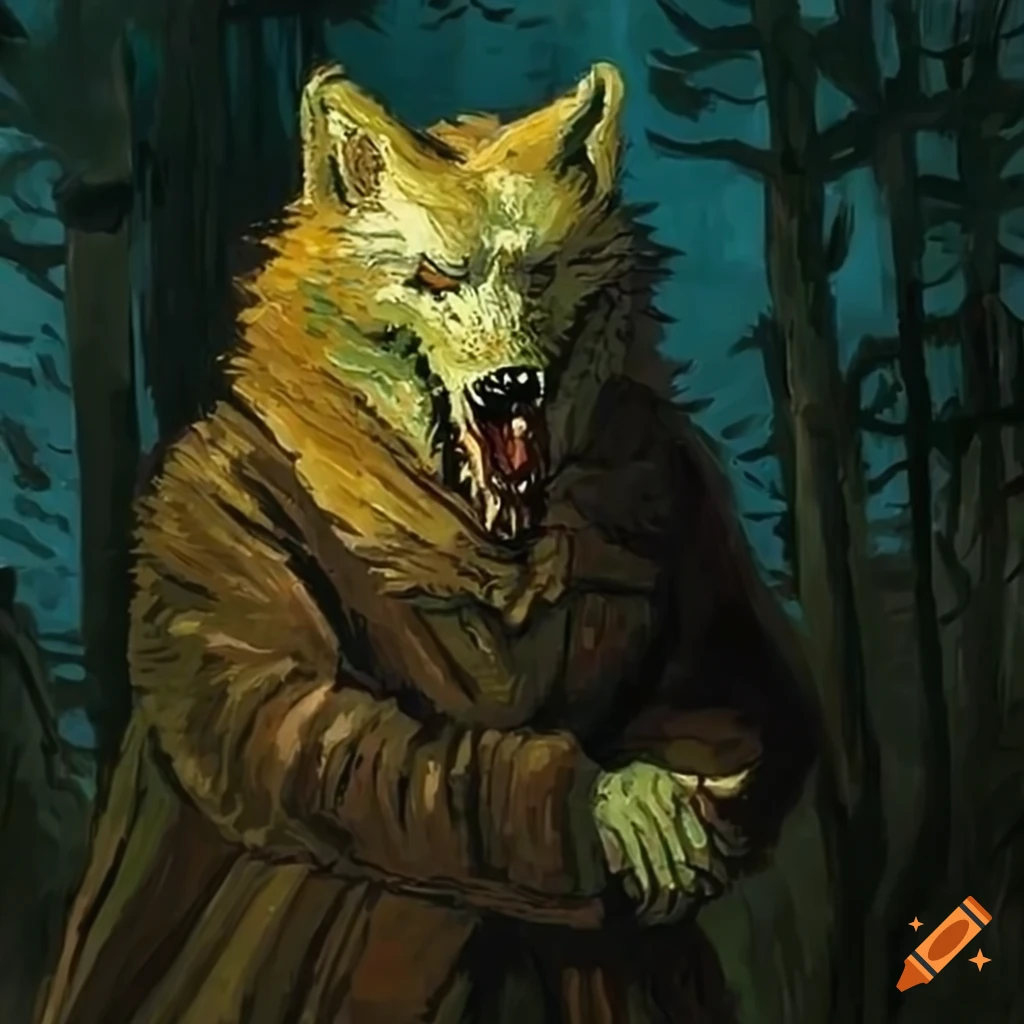 Werewolf in a dark forest painting by van Gogh on Craiyon