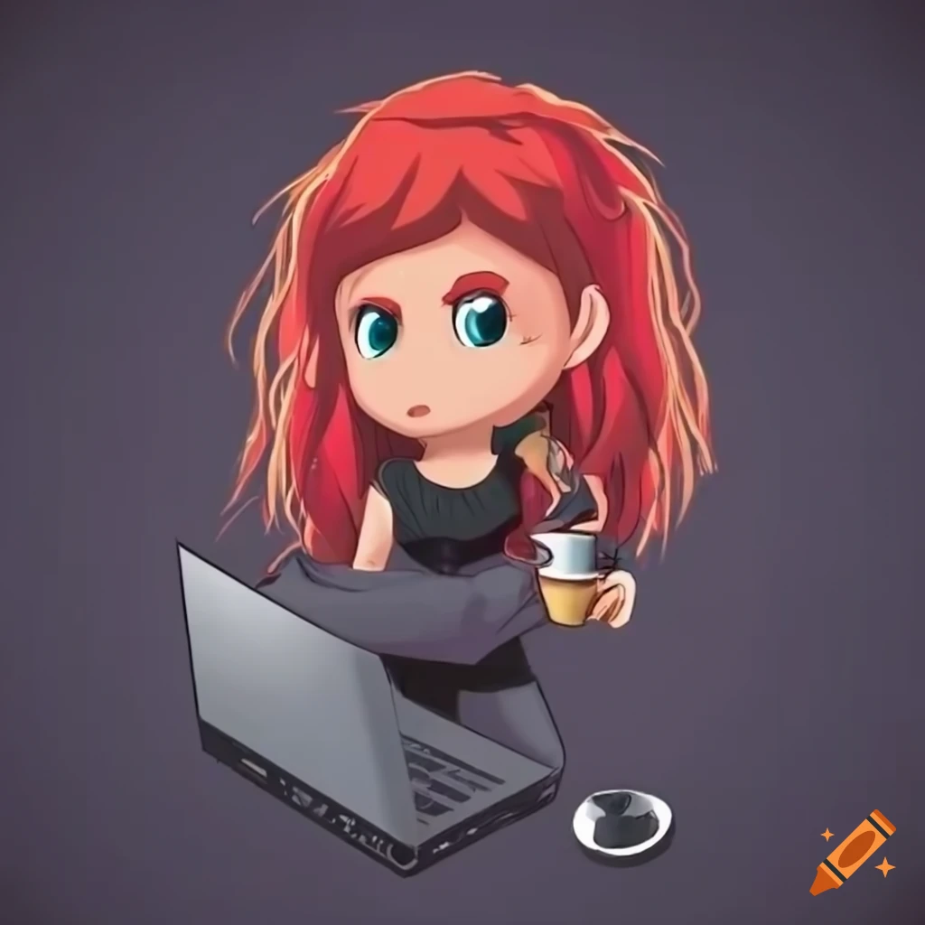 Chibi video editor sitting at computer desk on Craiyon