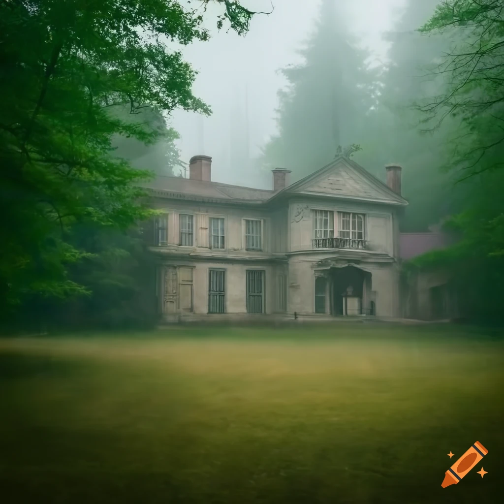 Surreal misty old mansion in a wooded clearing on Craiyon