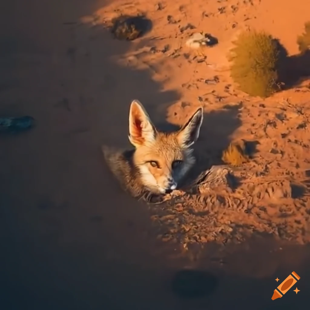 Aerial view of an abandoned desert town with a fox on Craiyon