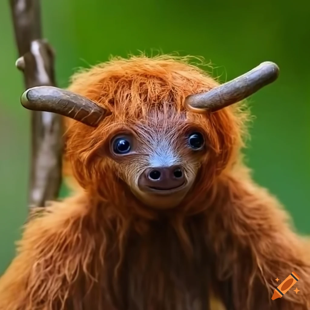 Adorable picture of a baby sloth and baby highland cow on Craiyon