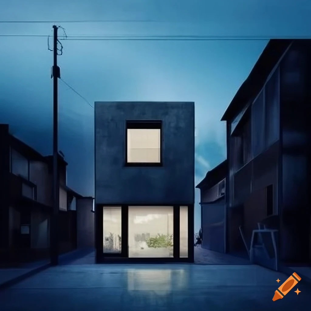 Minimalistic house in a city made of concrete and glass on Craiyon