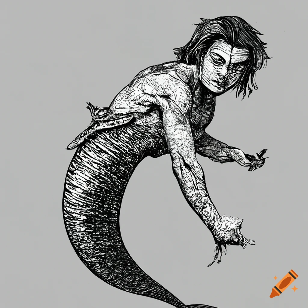 Black and white etching of steve harrington as a merman monster