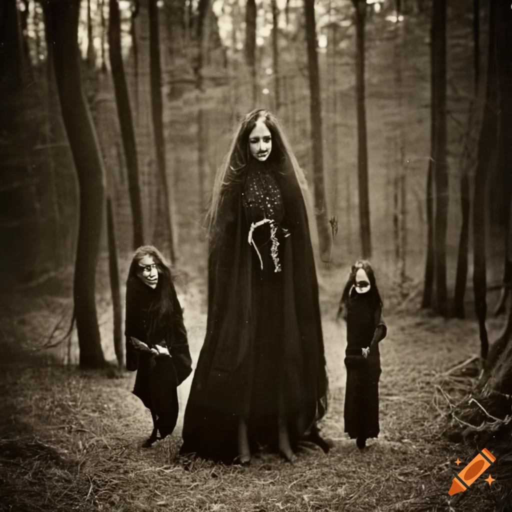 Vintage photo of three witches in the woods