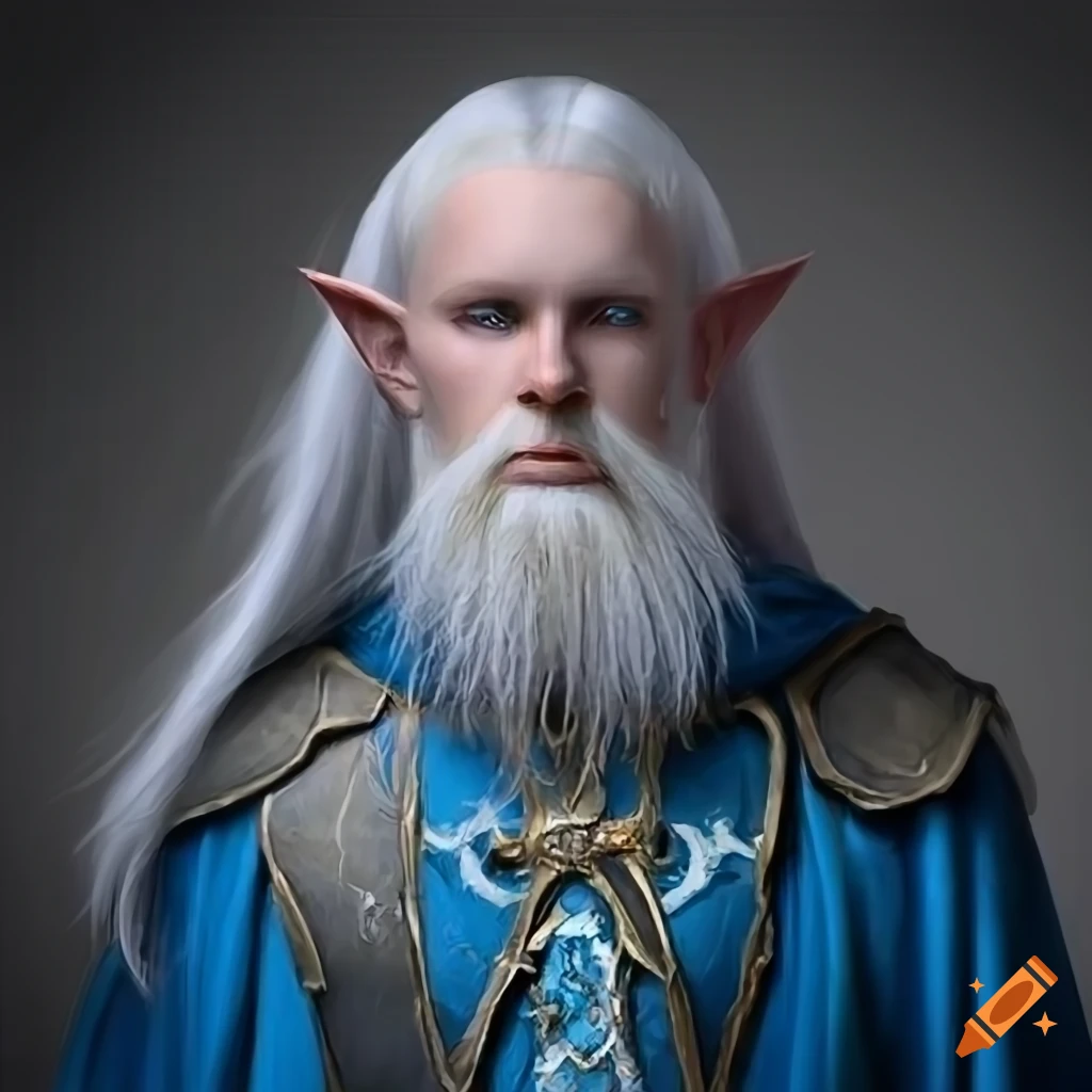 Photo of a wise and powerful elf in a room with artifacts on Craiyon