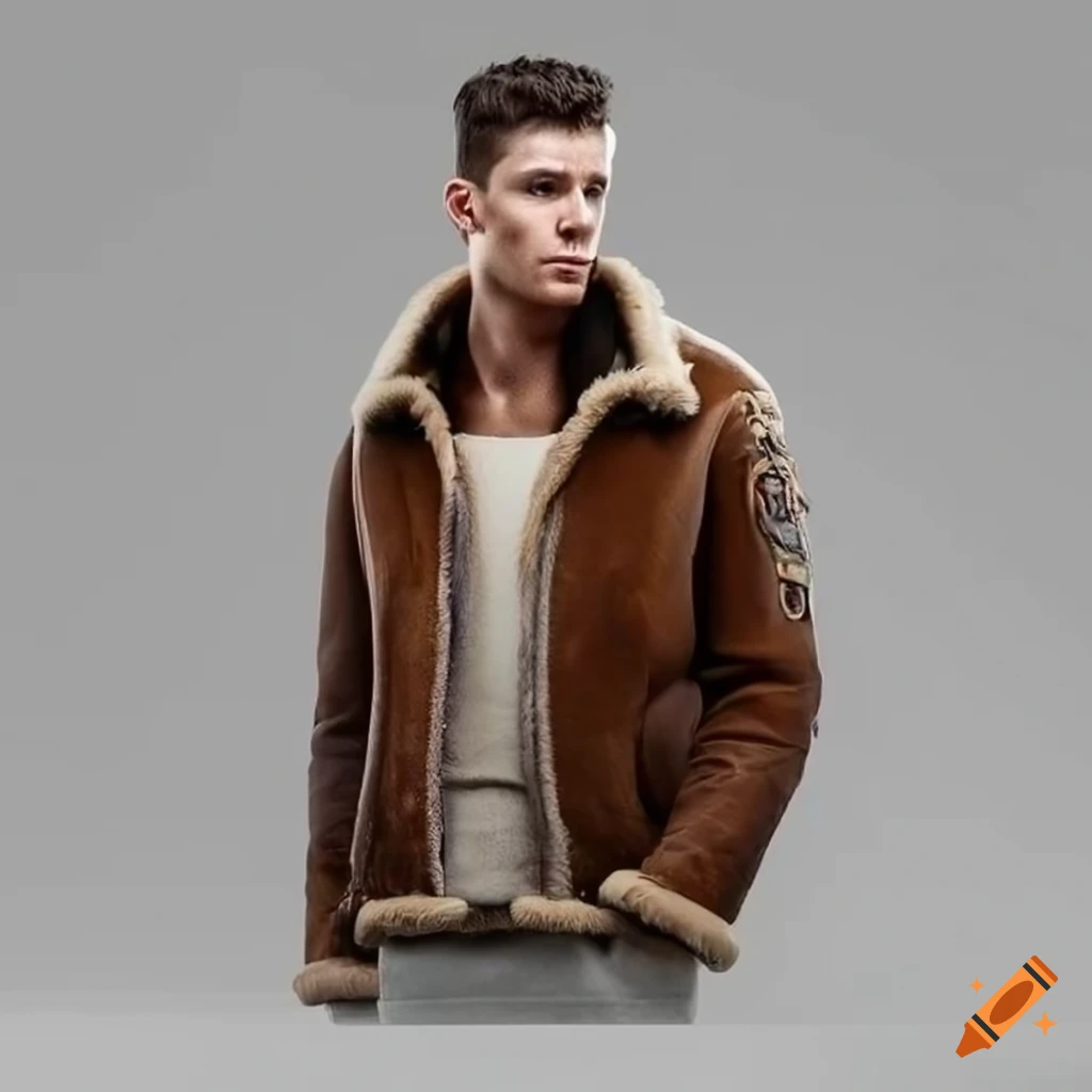 Airmail pilot in a brown winter sheepskin bomber jacket standing in ...