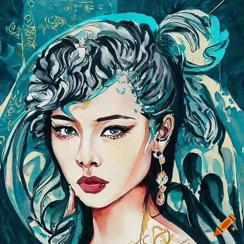 Detailed ink drawing portrait of a goddess with intense gaze on Craiyon