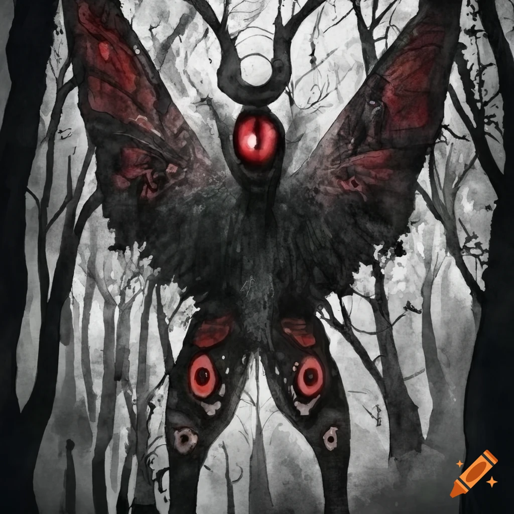 Eerie watercolor depiction of Mothman in a spooky forest on Craiyon