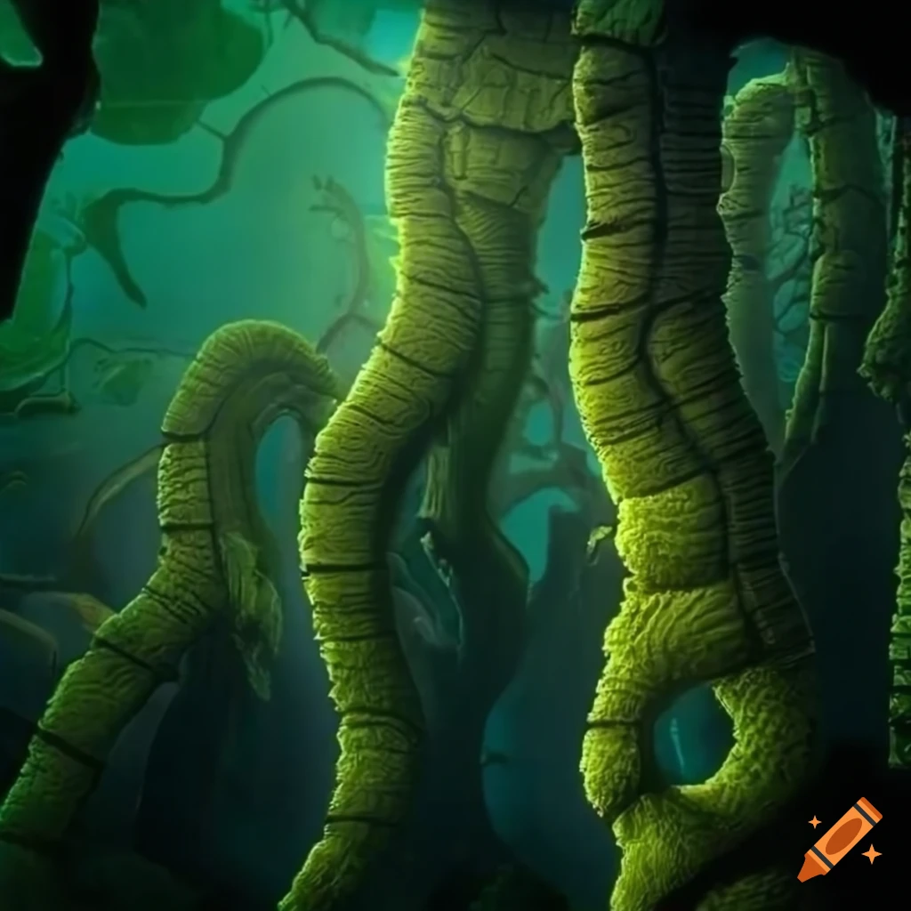 Glowing biopunk cityscape with green moss, plants, mushrooms, and ...