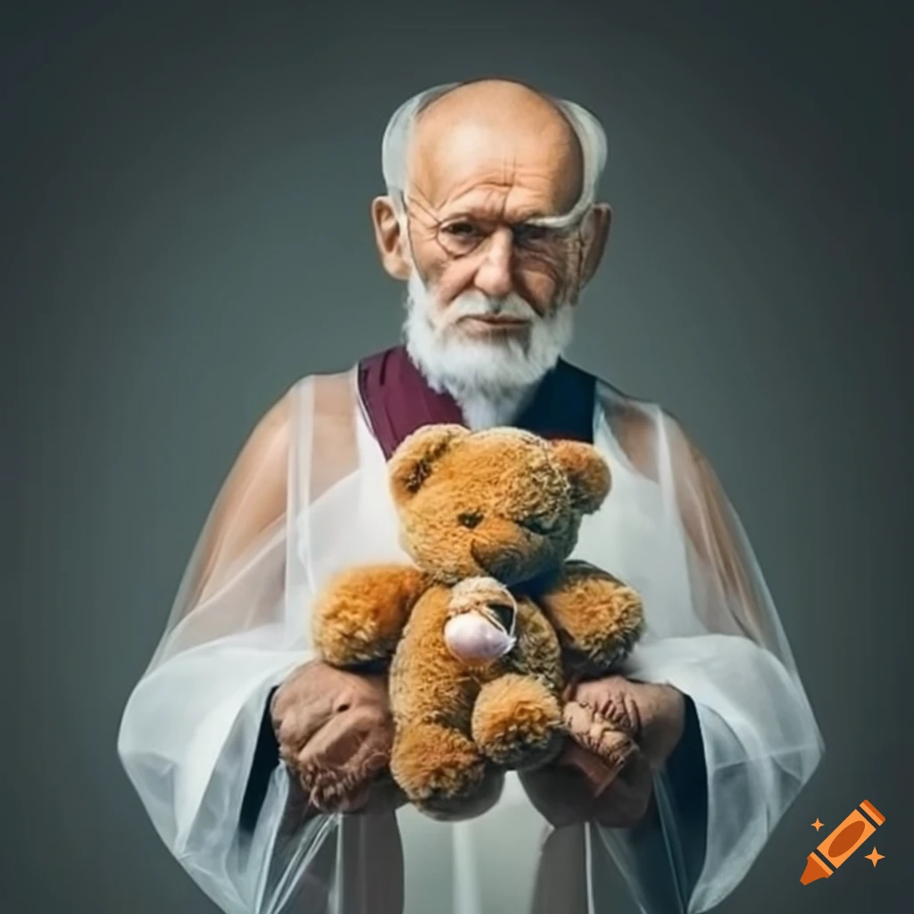 Elderly priest offering a teddy bear on Craiyon