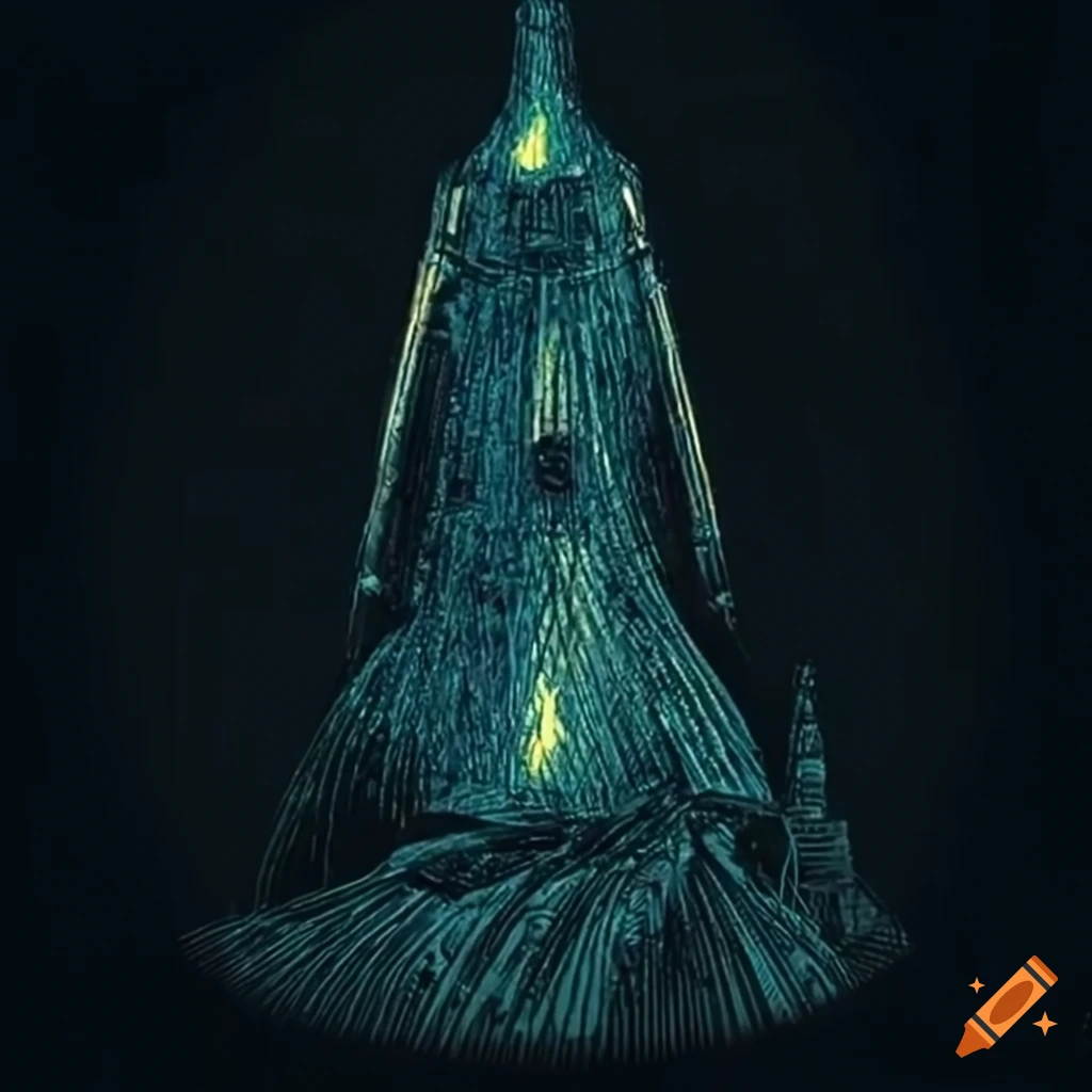 Image of a derelict alien starship with spines and towers