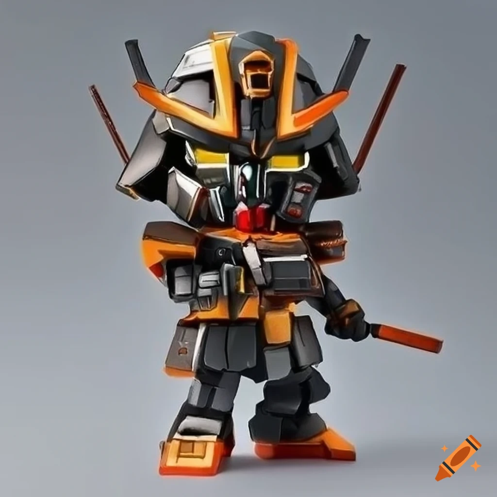 Chibi gundam robot with black and orange metallic armor