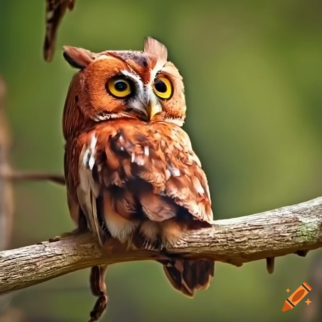 Close-up of a red-headed owl on a branch on Craiyon