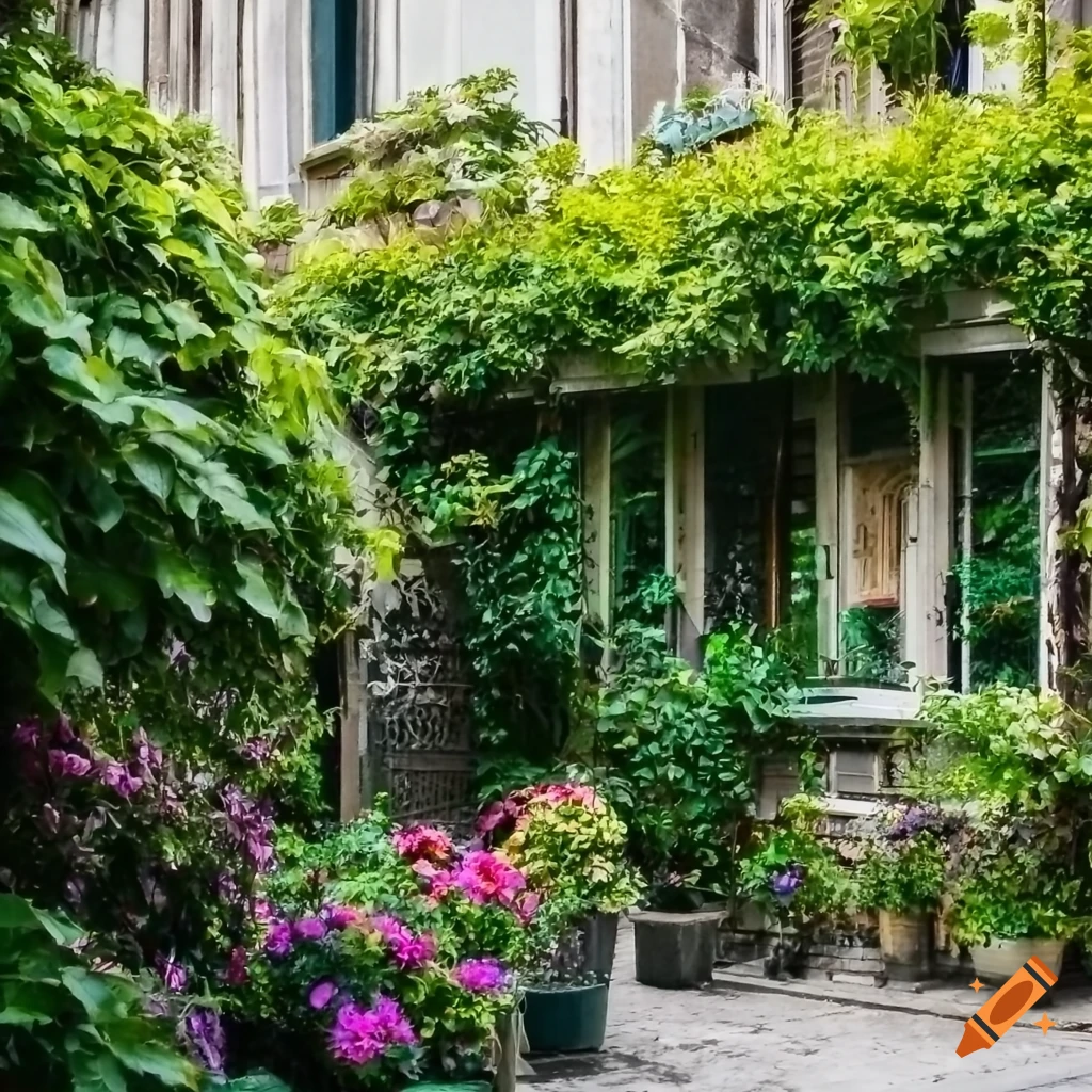 Building covered in vines and flowers on Craiyon