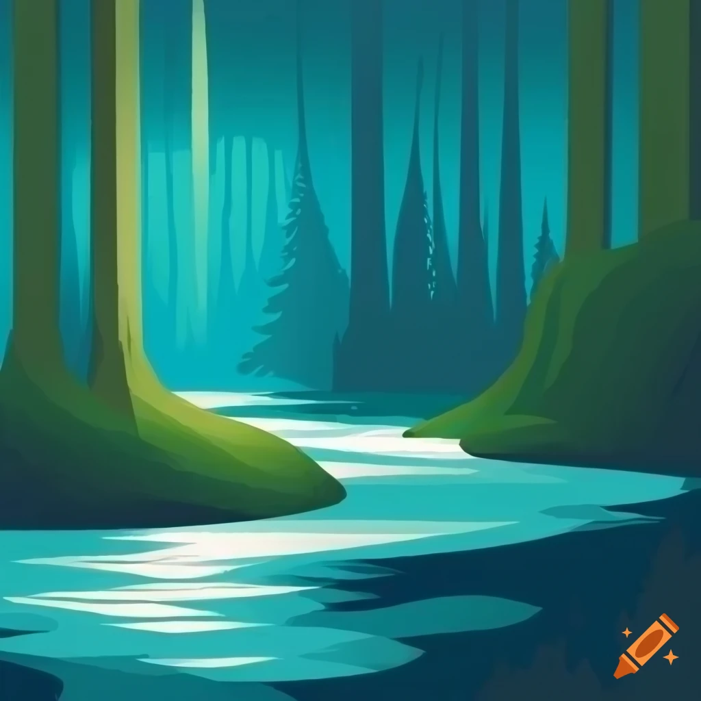 Vector illustration of a forest river among trees on Craiyon