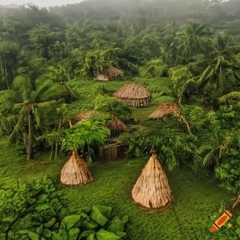 Artistic illustration of a vibrant Igbo kingdom with traditional huts ...