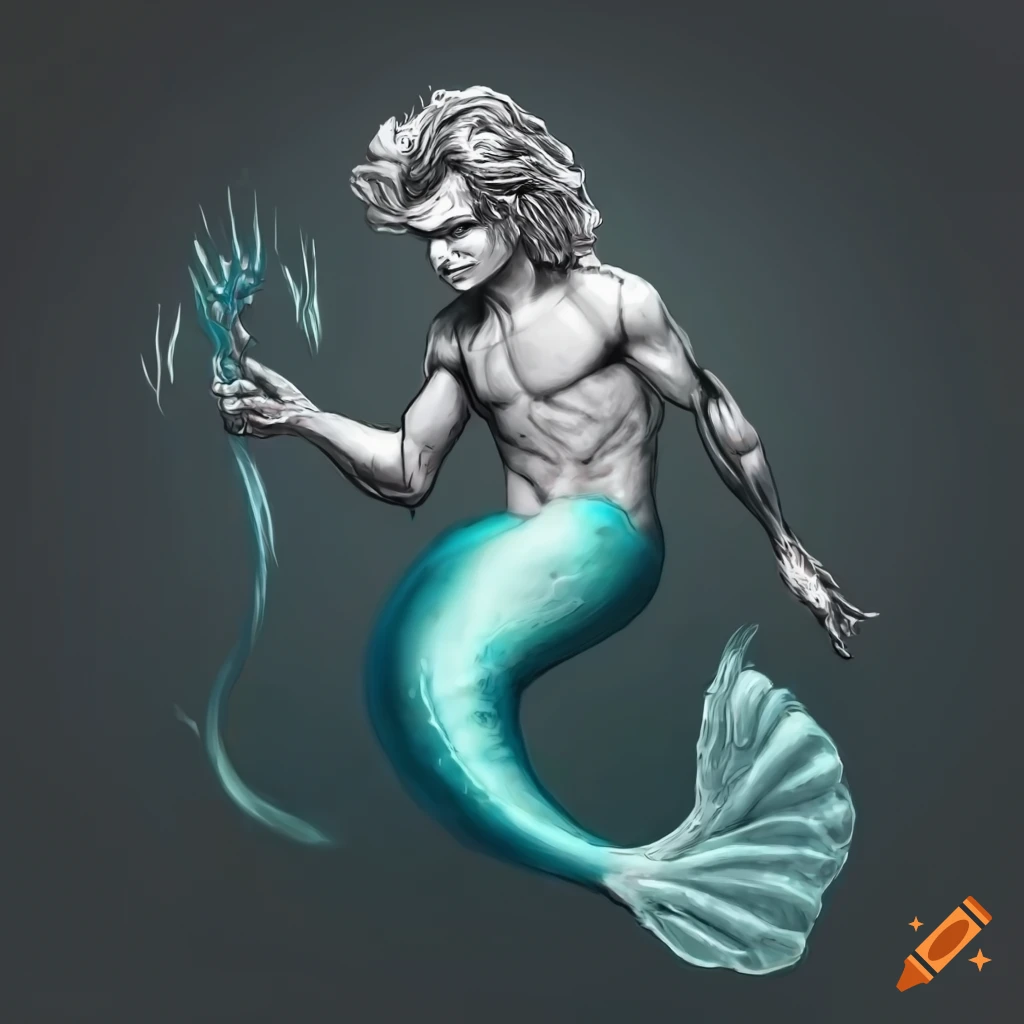 Black and white etching of steve harrington as a merman monster on Craiyon