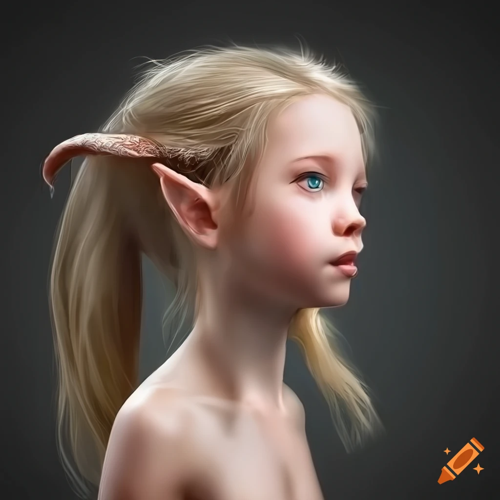 Photorealistic side view of a blonde child elf girl