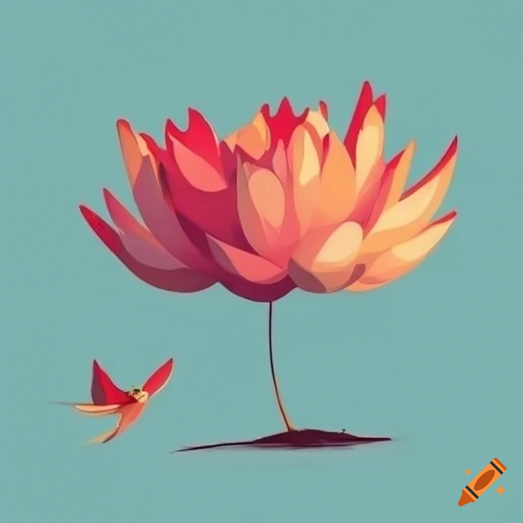 Minimalist artwork of a lotus flower with a flying bird on Craiyon