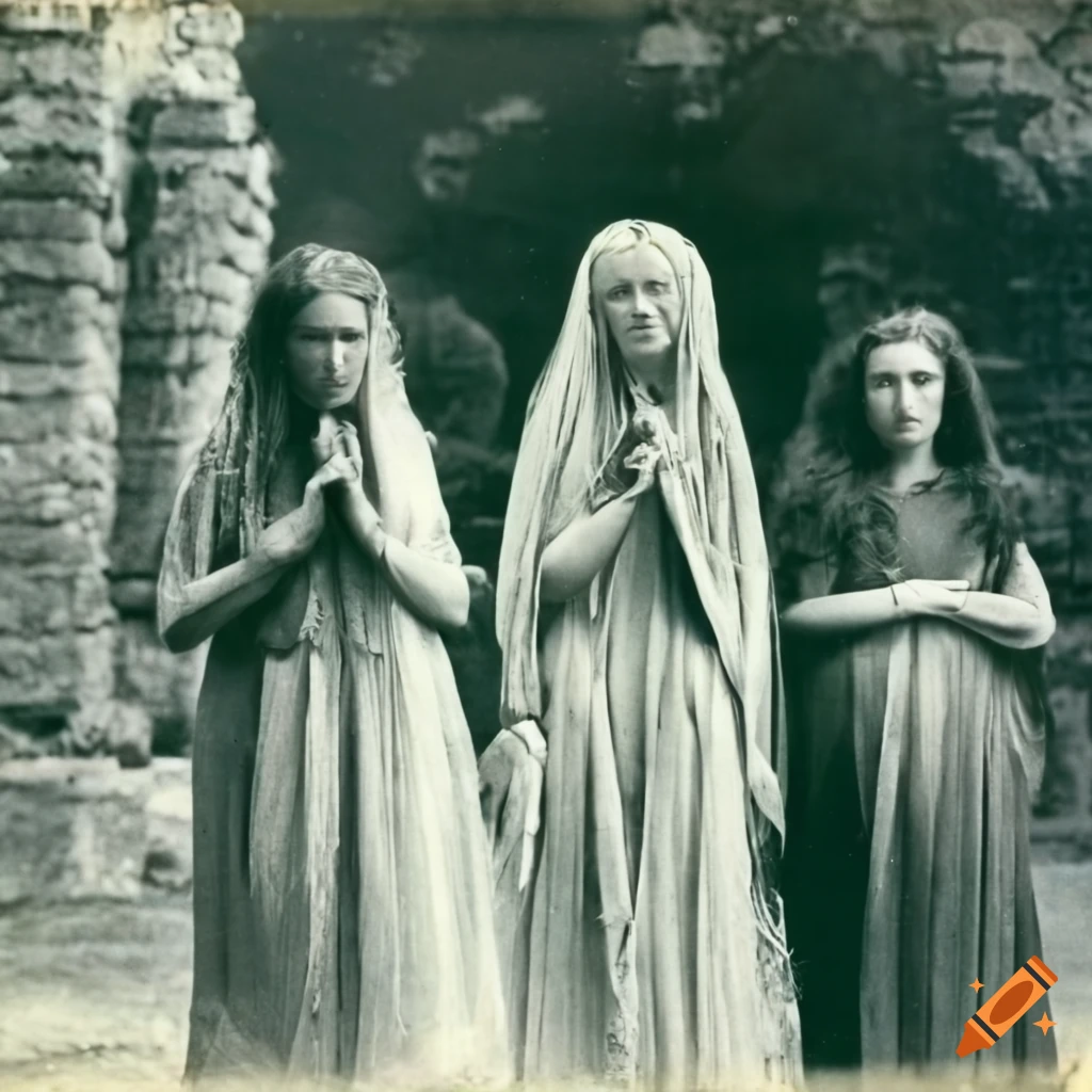 Vintage photo of three priestesses in temple ruins on Craiyon