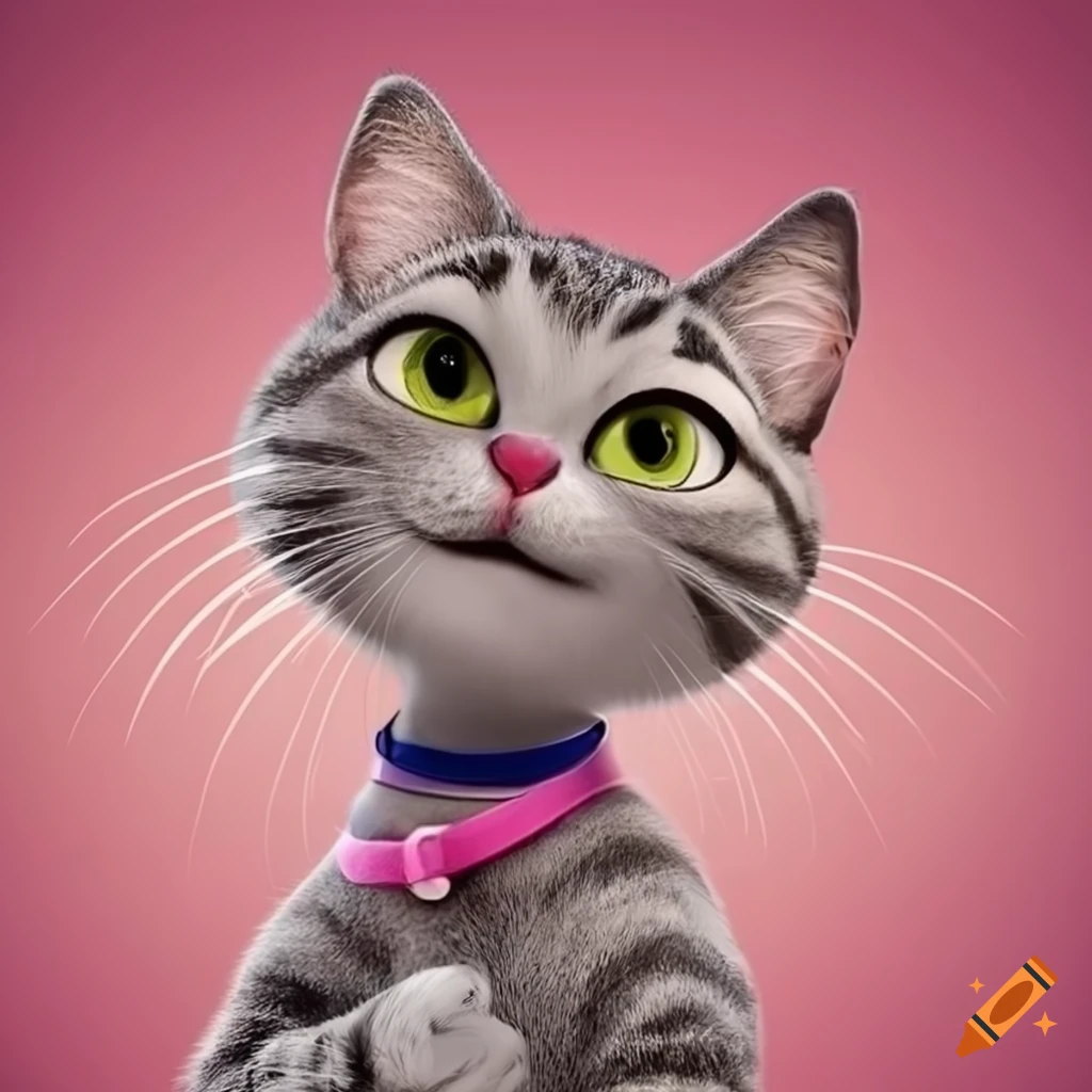 Pixar movie poster featuring a grey tabby cat with pink collar on Craiyon