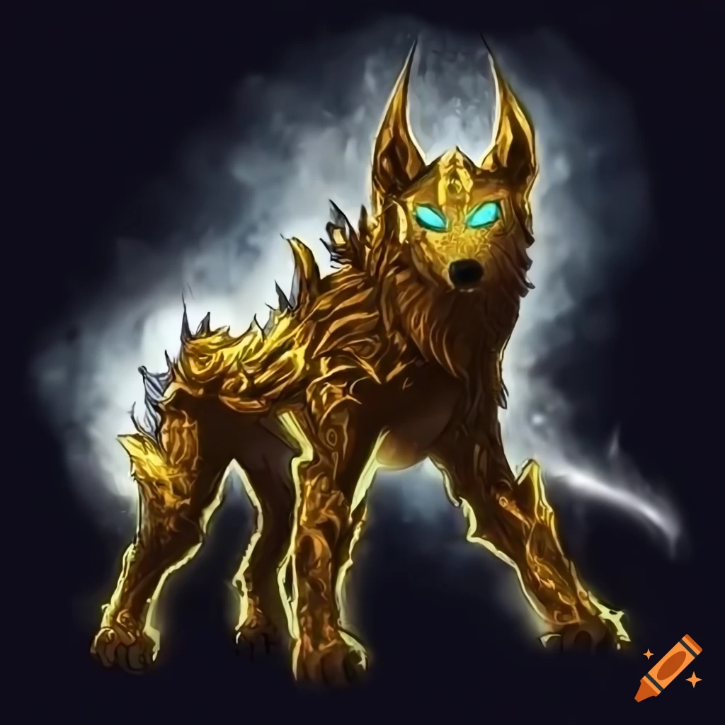 Image of a golden and powerful elemental wolf on Craiyon