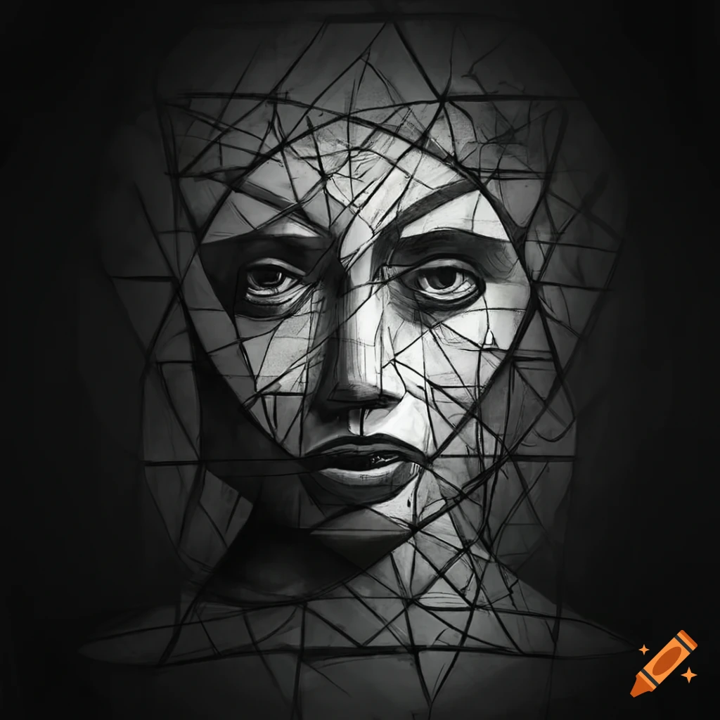 Monochrome cubist artwork with cathedral and woman's face on Craiyon