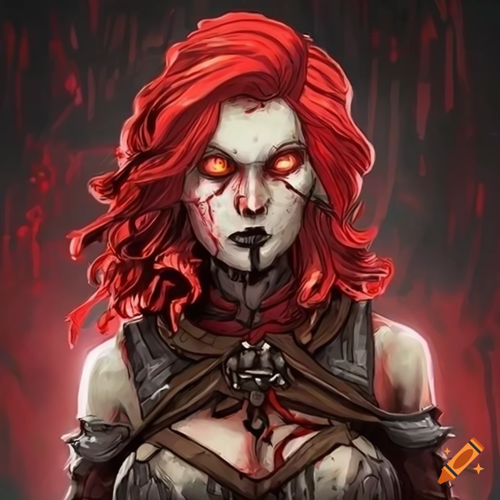 Red-headed woman RPG hero slaying zombies on Craiyon