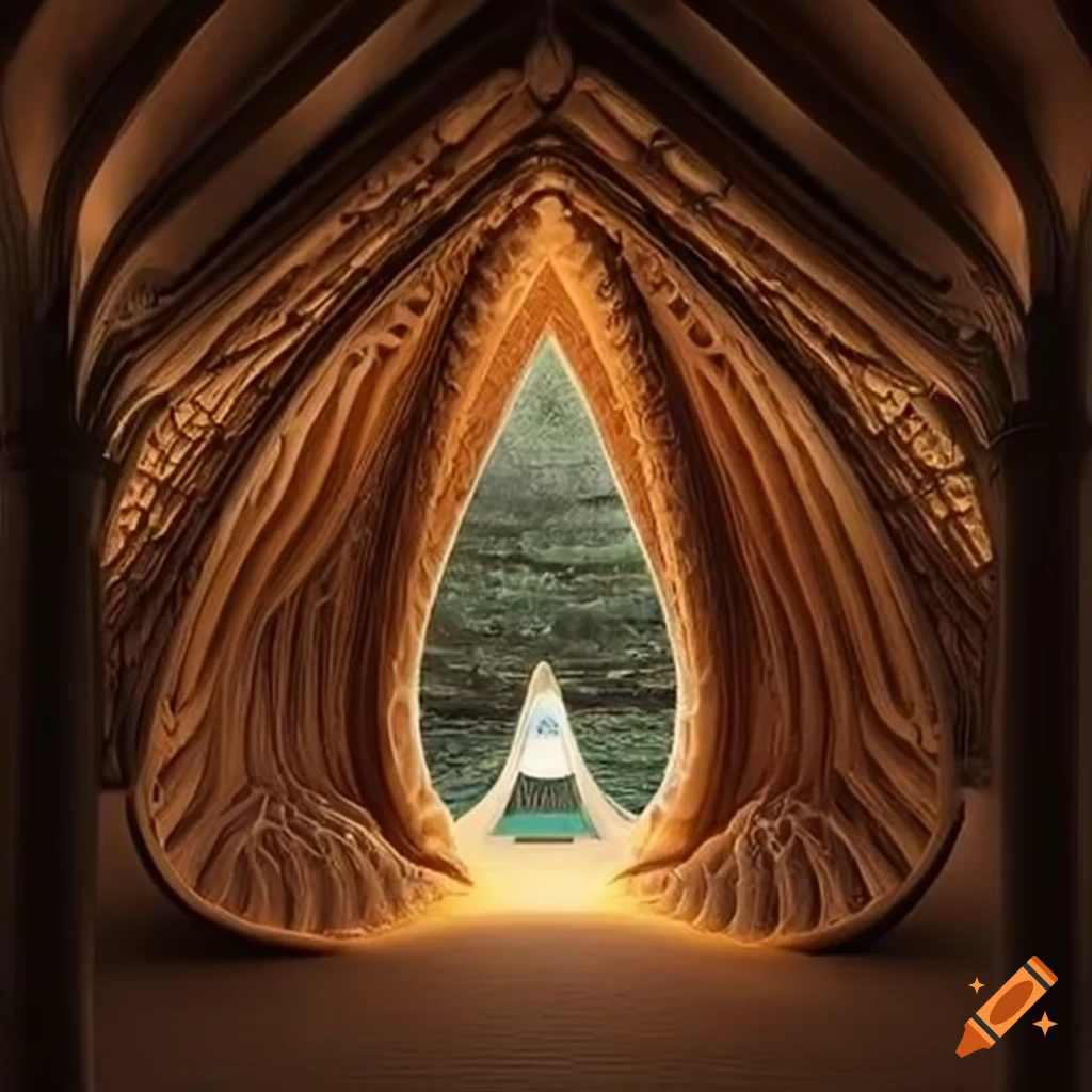 Illustration of a cathedral-like cabin made of giant clams on Craiyon