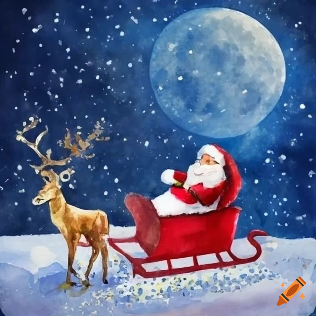 Watercolor of santa claus flying in a moonlit sky