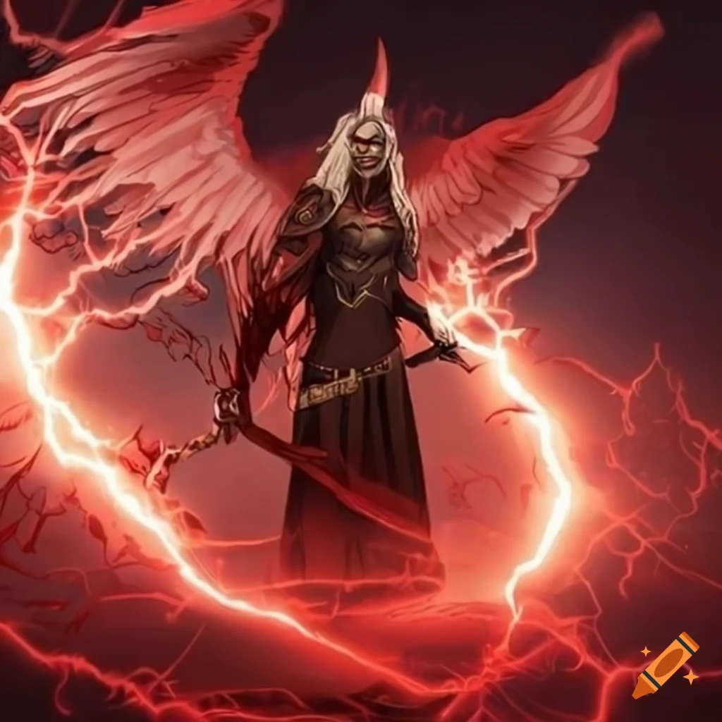 Illustration of a winged elf warrior surrounded by red lightning on Craiyon