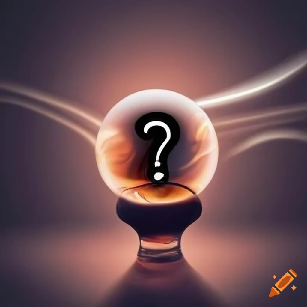 Glass ball with swirling electrical energy and a black question mark on ...