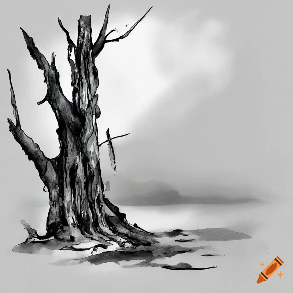 Ink drawing of a split dead tree on Craiyon