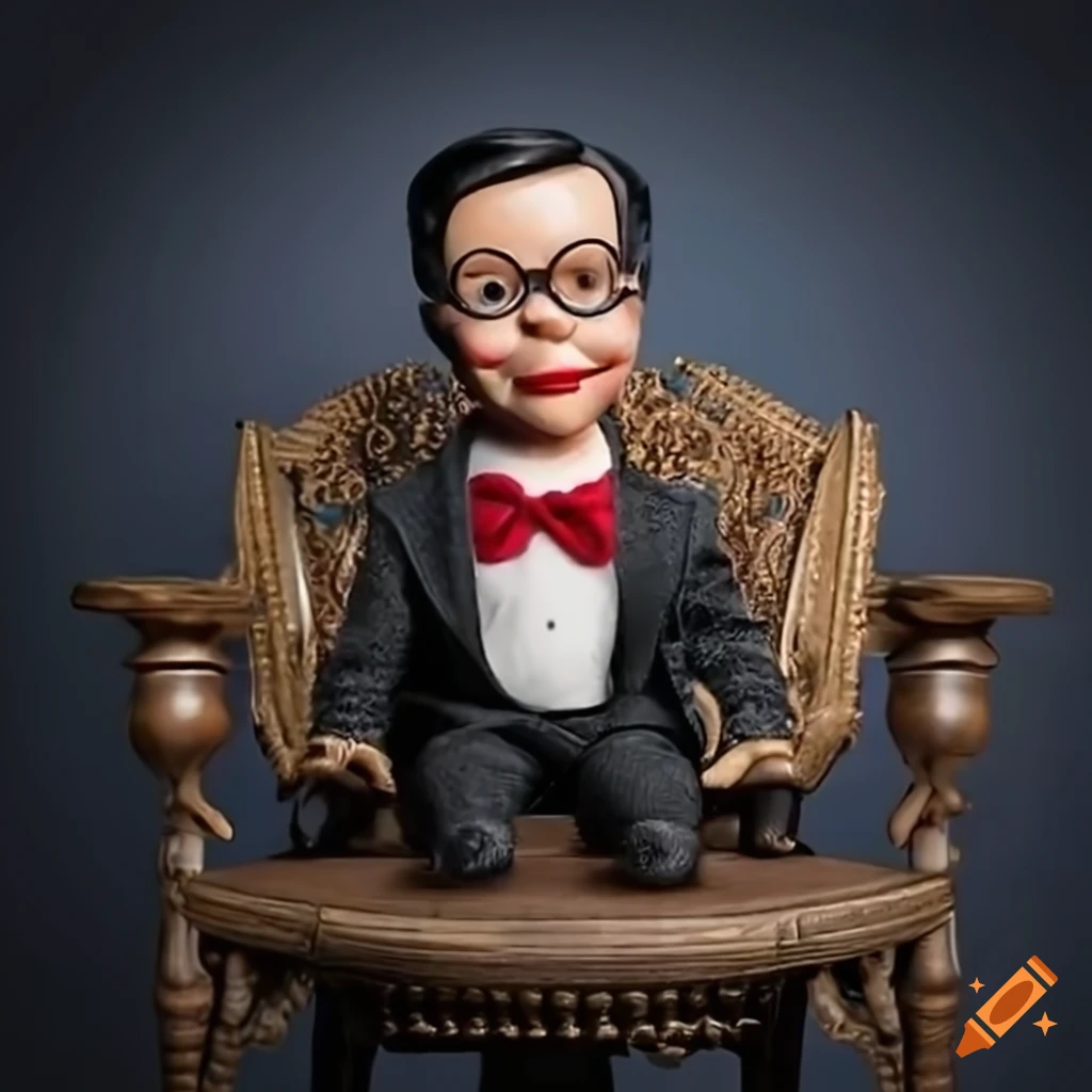 Detailed ventriloquist doll in a chair with a gavel on Craiyon