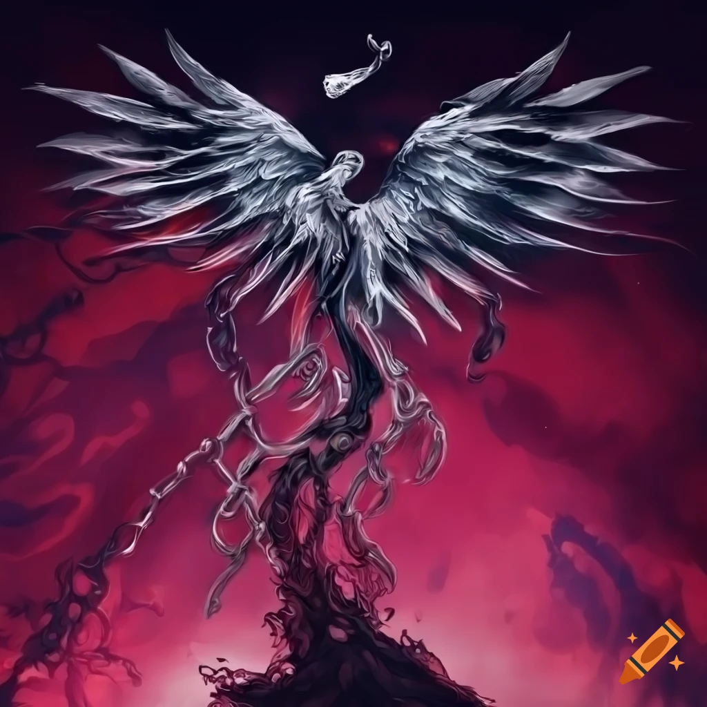 Dark fantasy artwork of a chained phoenix on Craiyon