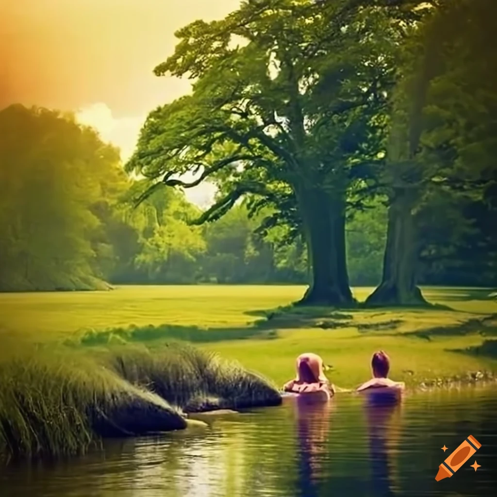Women bathing at a riverbank under oak trees
