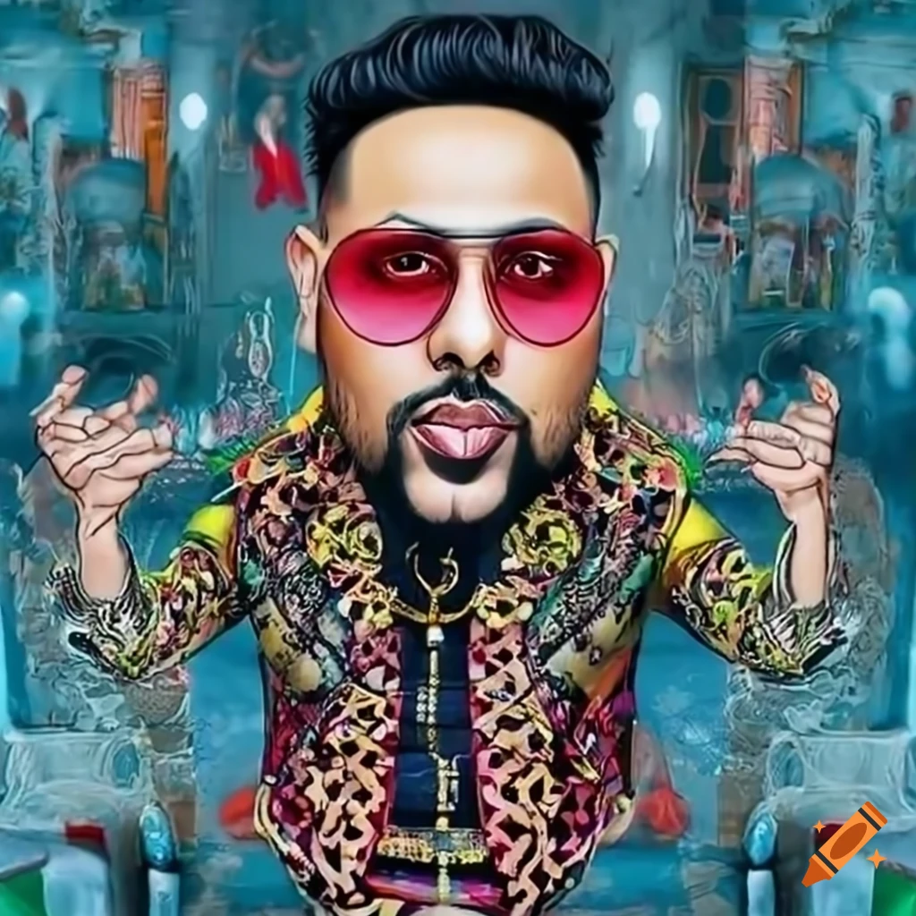 Detailed caricature of badshah singing on cover art on Craiyon