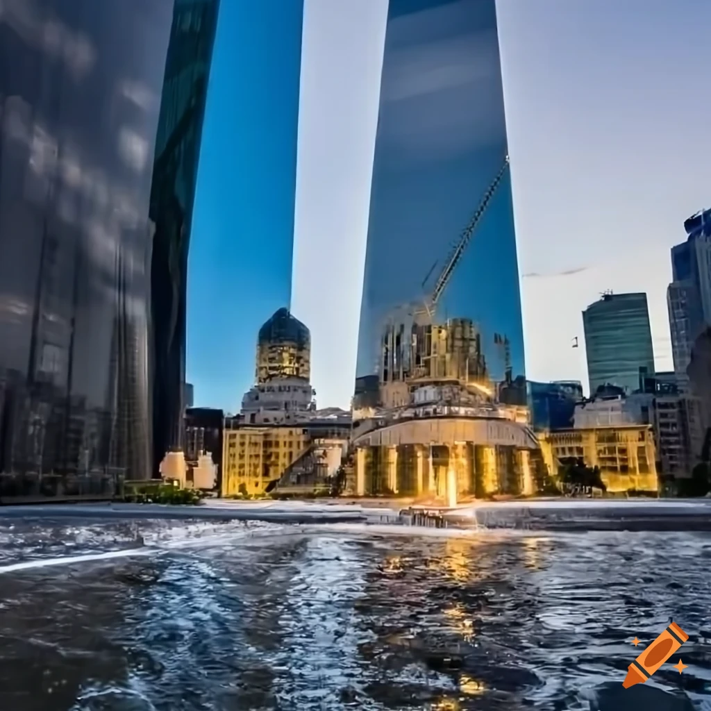 Aerial view of a megatall glass skyscraper and surrounding buildings on ...