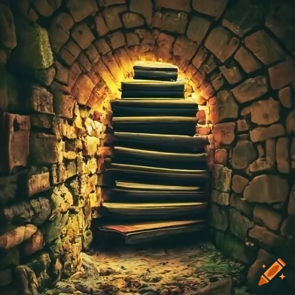 Stack of books in a moss-covered stone cellar on Craiyon