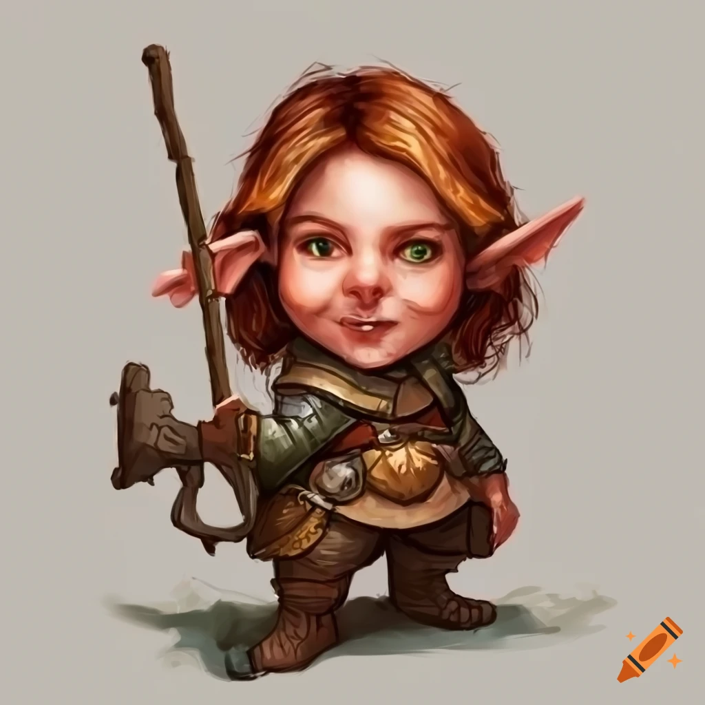 A friendly female halfling bard playing a bassoon on Craiyon