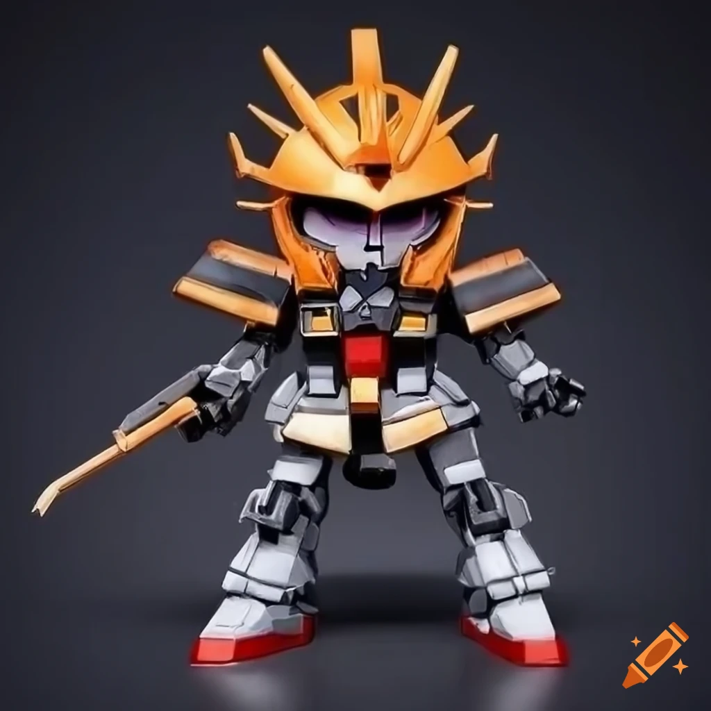 Chibi gundam robot with black, orange and white metallic armor on Craiyon