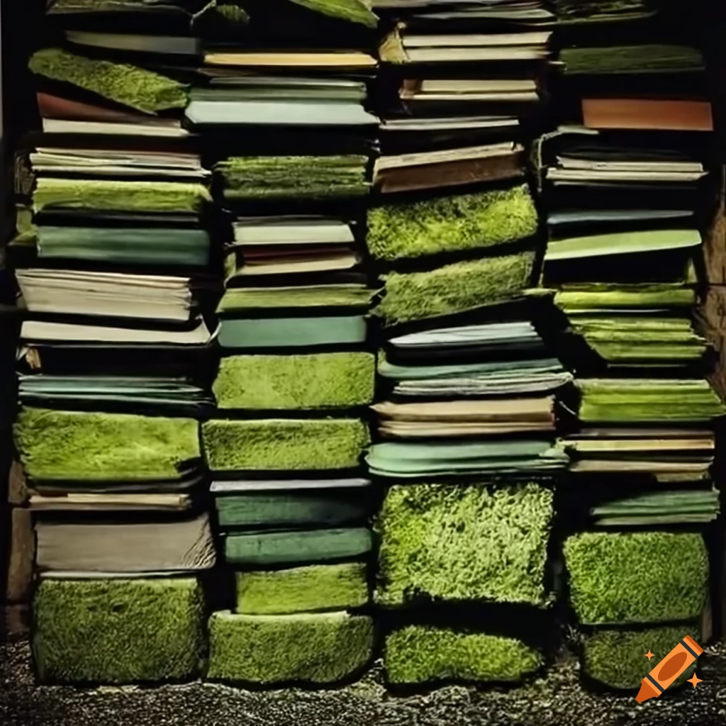 Surreal moss-covered stone books in a cellar on Craiyon