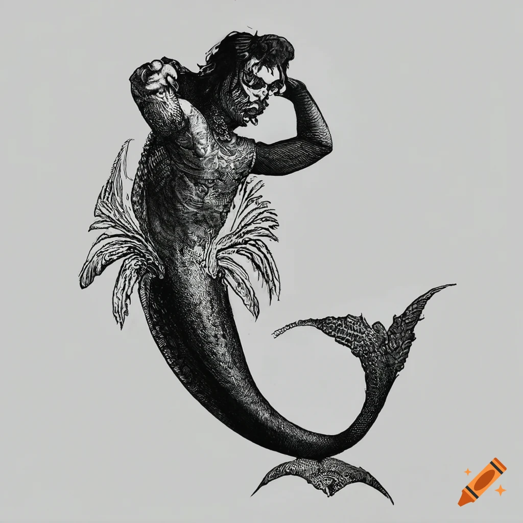 Etching of steve harrington as a merman monster on Craiyon
