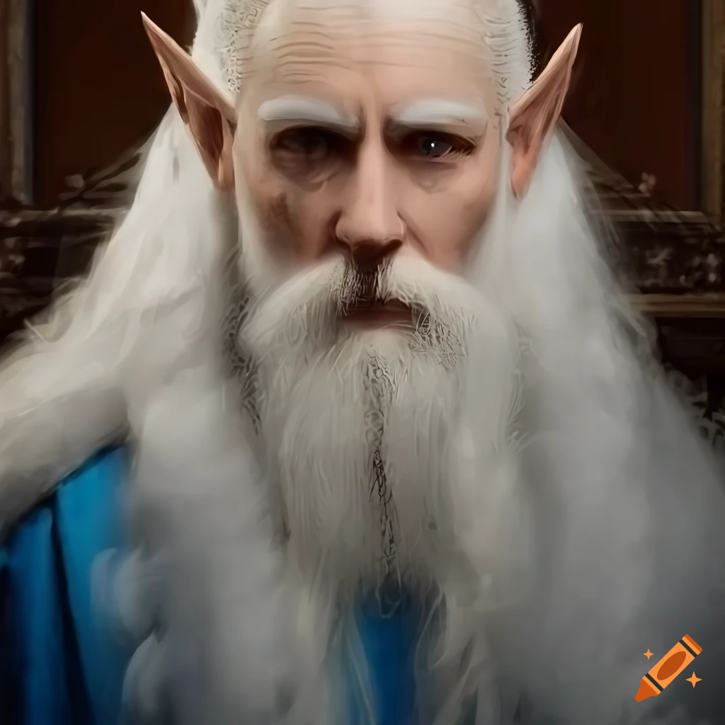 Portrait of a wise male elf in blue high mage robe surrounded by artifacts