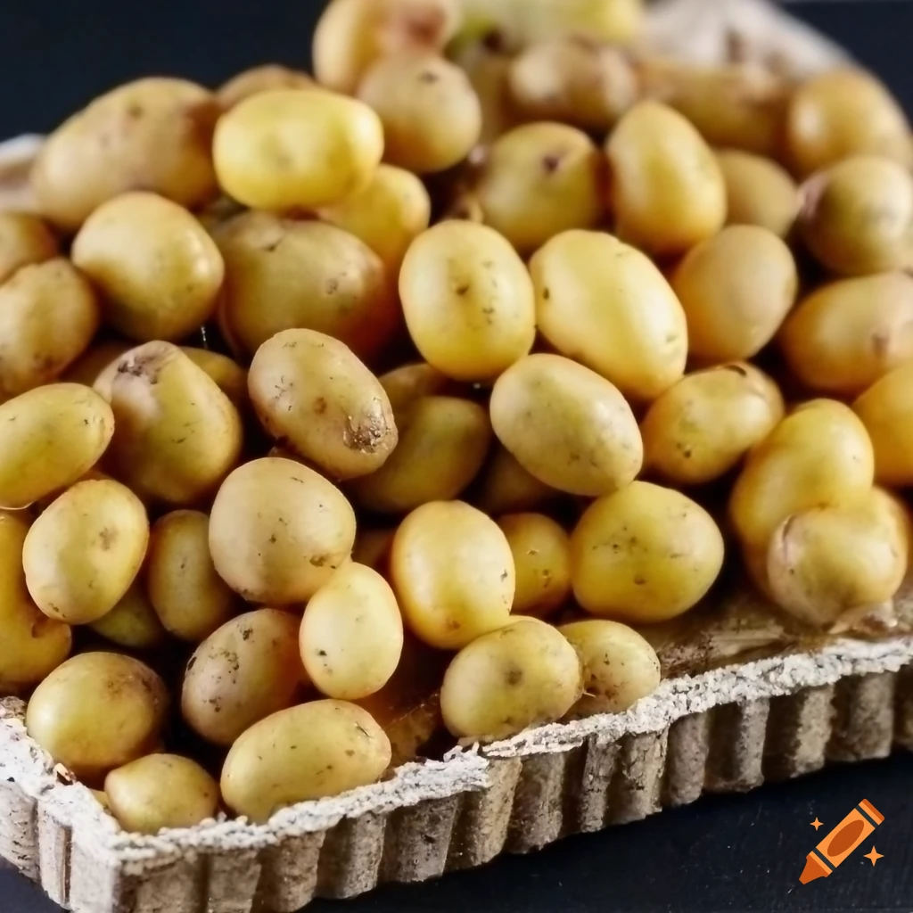 Miniature diorama of potatoes, onions, and tomatoes on a shelf on Craiyon