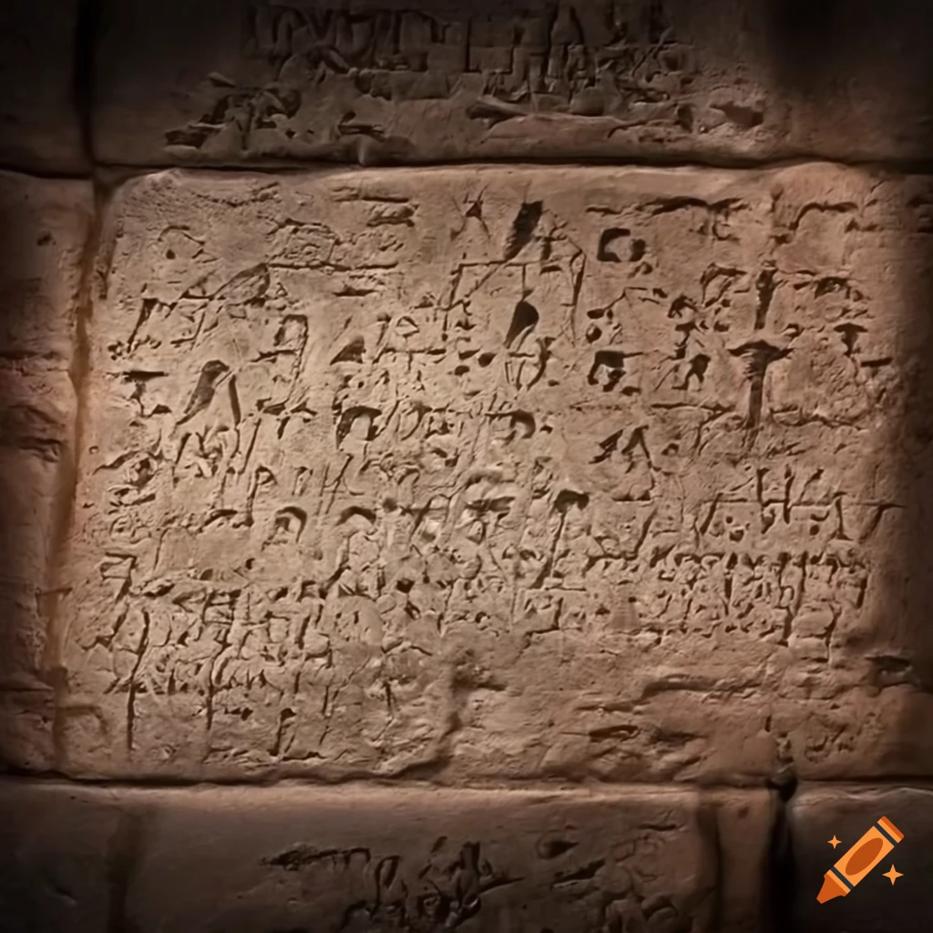 Egyptian hieroglyphs depicted in mysterious expressionist wood ...