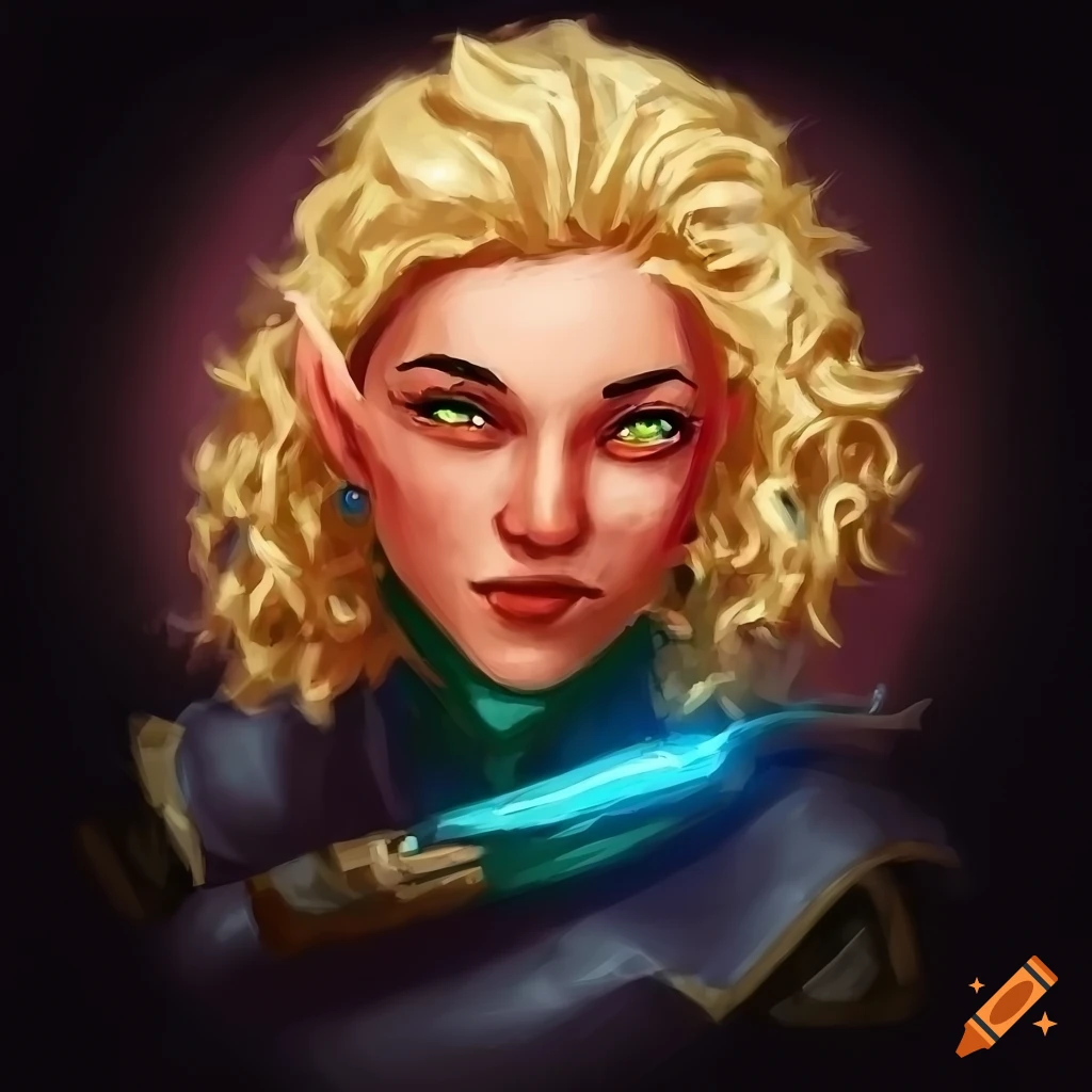 Portrait of an elf rogue woman with short blonde curly hair on Craiyon