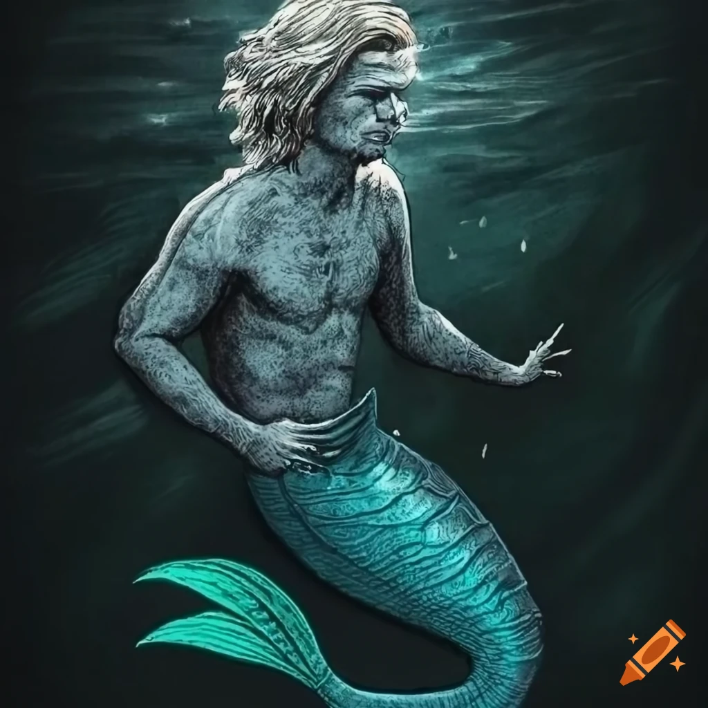 Etching of a detailed merman monster on Craiyon