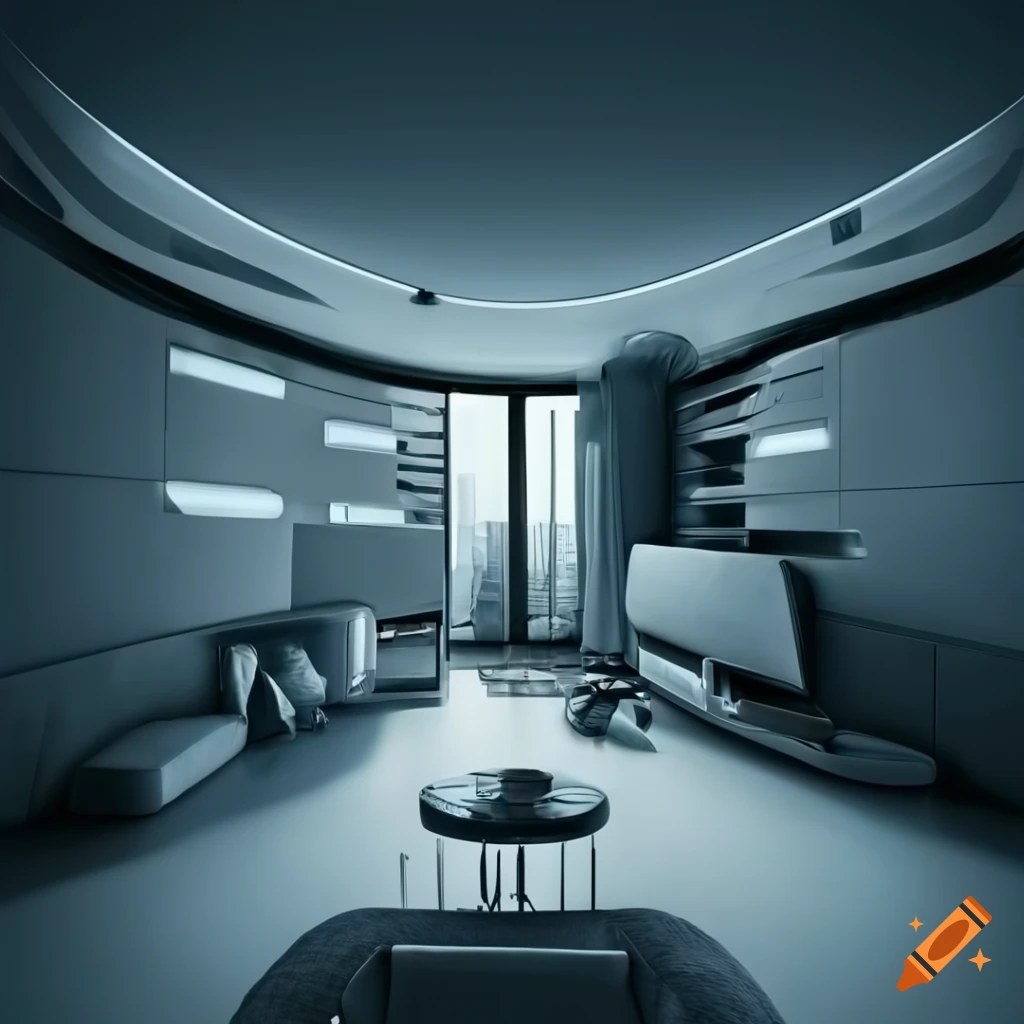 Futuristic living room interior with frutiger aero styling and vibrant ...
